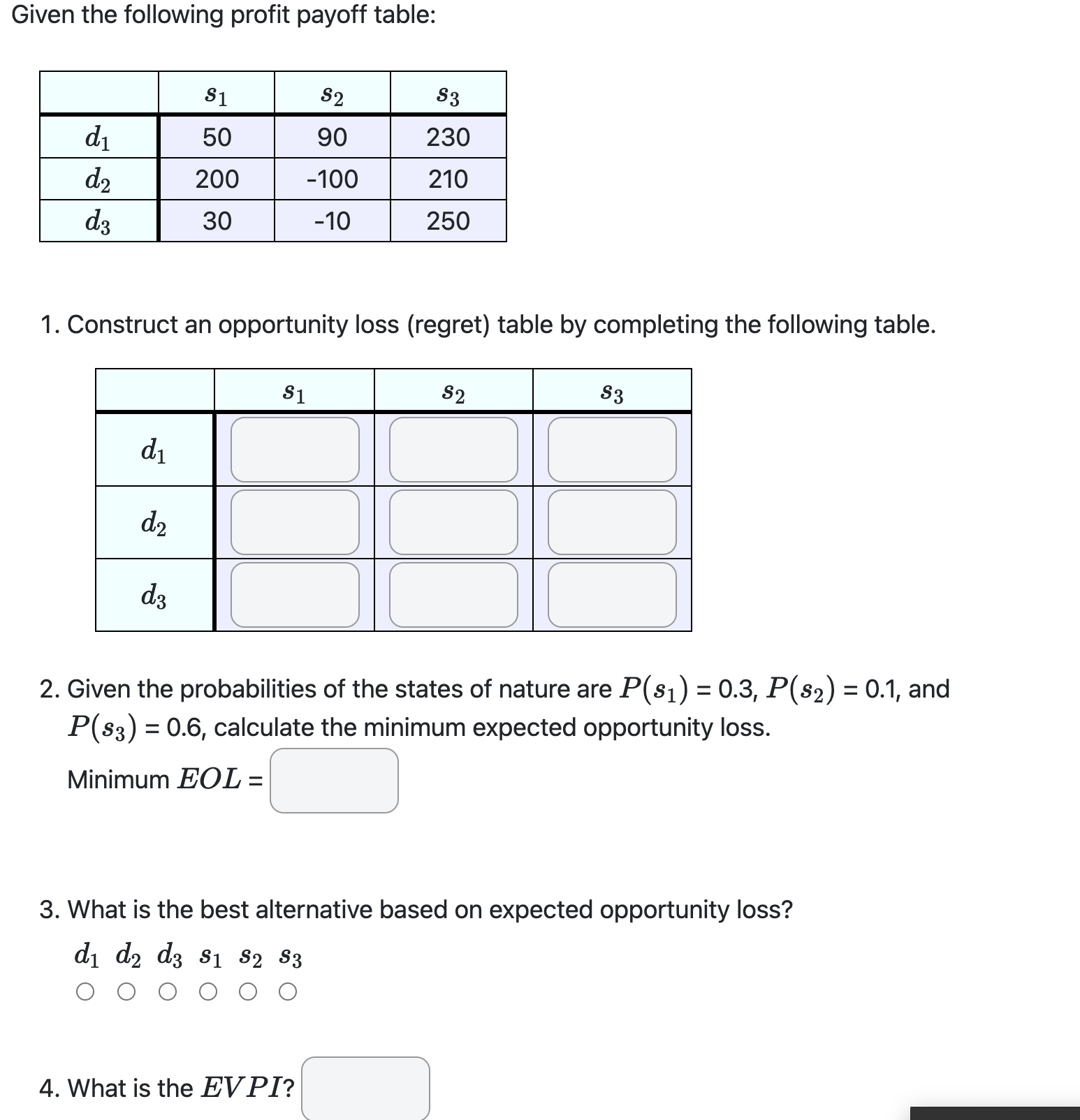 Solved Given the following profit payoff table:Construct an | Chegg.com