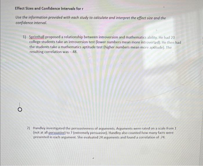 Solved Effect Sizes and Confidence Intervals for r Use the | Chegg.com