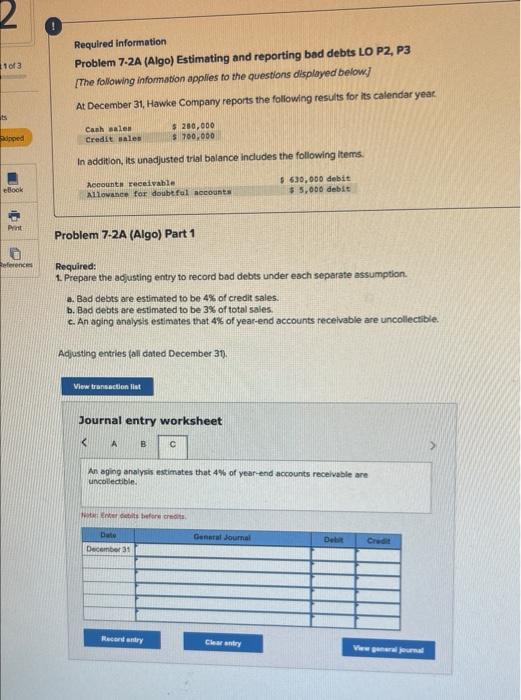 Solved 2 prt 1 of 3 Required information Problem 7-2A (Algo) | Chegg.com
