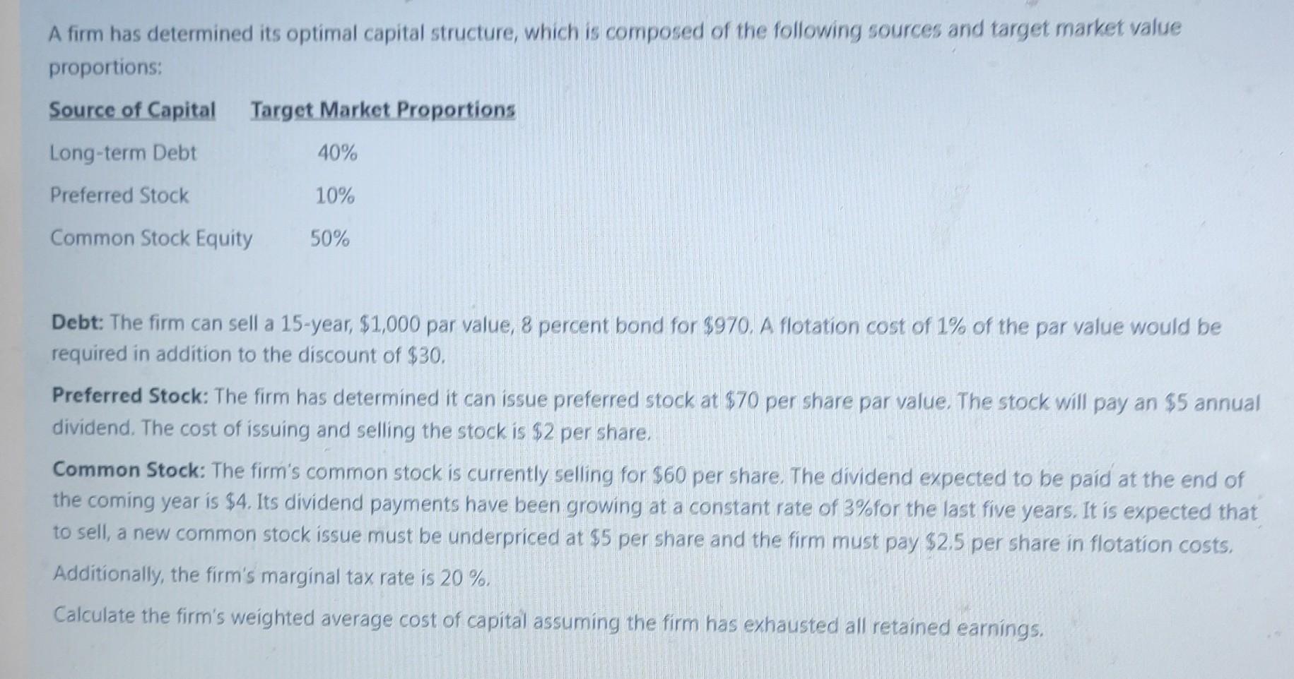 Solved A firm has determined its optimal capital structure, | Chegg.com