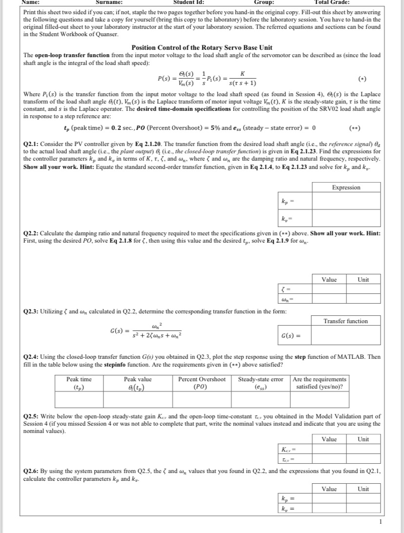 Position Control of the Rotary Servo Base UnitThe | Chegg.com
