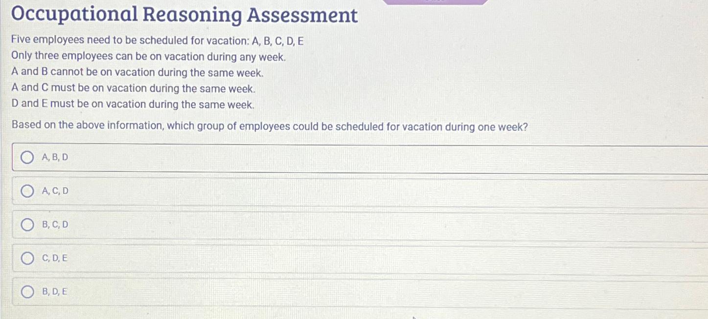 Solved Occupational Reasoning AssessmentFive employees need | Chegg.com