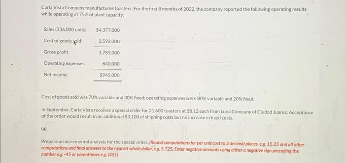 Solved Carla Vista Company manufactures toasters. For the | Chegg.com