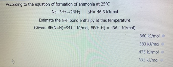 Solved According to the equation of formation of ammonia at | Chegg.com