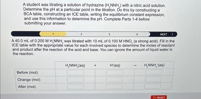 Solved A student was titrating a solution of hydrazine | Chegg.com
