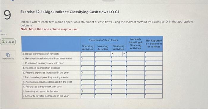 Solved Exercise 12-1 (Algo) Indirect: Classifying Cash flows | Chegg.com Solved Exercise 12-1 (Algo) Indirect: Classifying Cash flows | Chegg.com