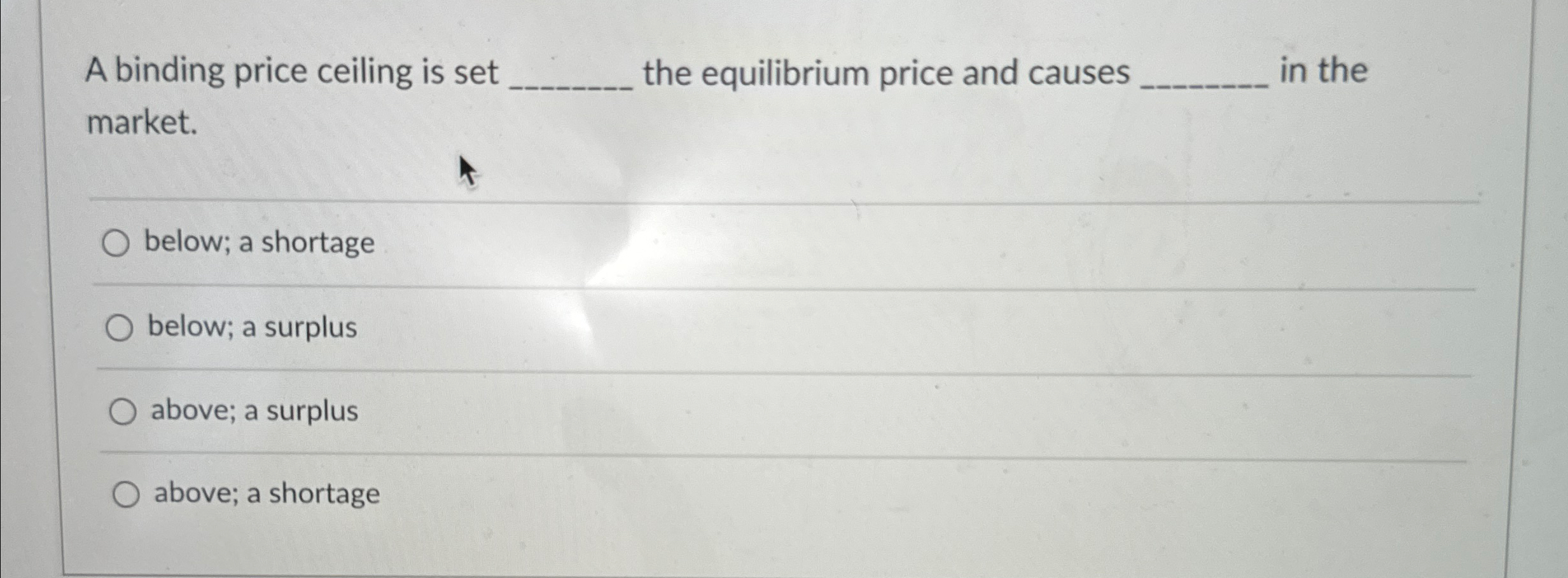 Solved A binding price ceiling is set q, ﻿the equilibrium | Chegg.com