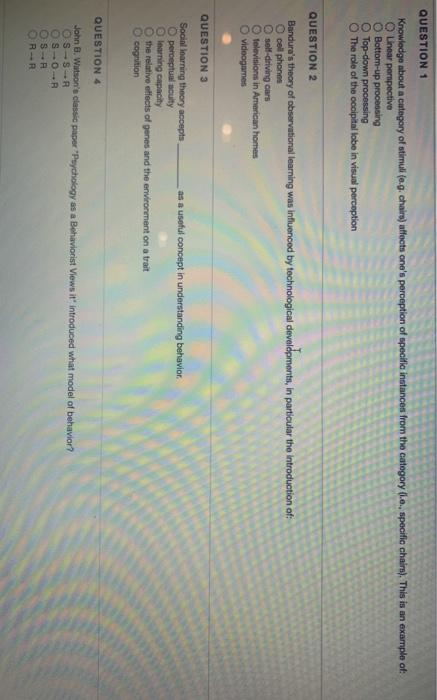 Solved QUESTION 1 Knowledge about a category of stimuli | Chegg.com