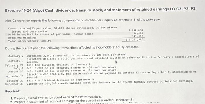 Solved Exercise 11-24 (Algo) Cash dividends, treasury stock, | Chegg.com