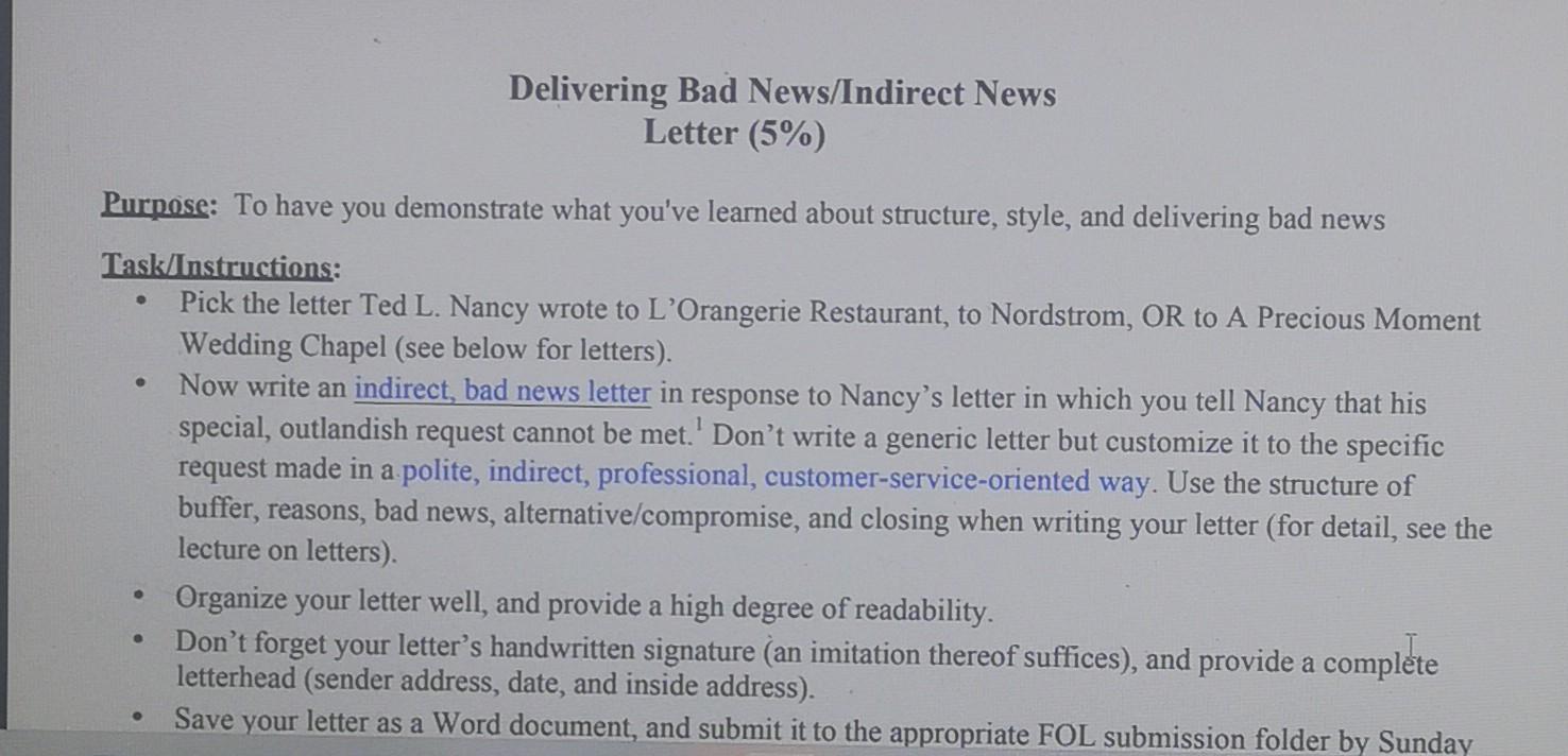 Delivering Bad News/Indirect News Letter (5%) | Chegg.com