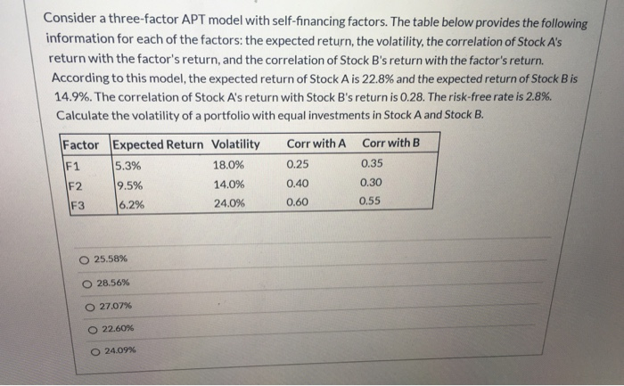 Consider a three-factor APT model with self-financing | Chegg.com