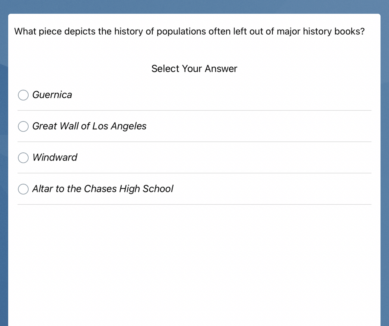 Solved What piece depicts the history of populations often | Chegg.com