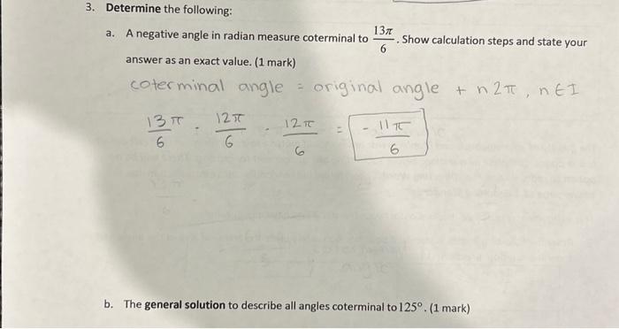 Solved a. A negative angle in radian measure coterminal to | Chegg.com