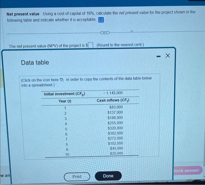 Solved Net present value Using a cost of capital of 16%, | Chegg.com