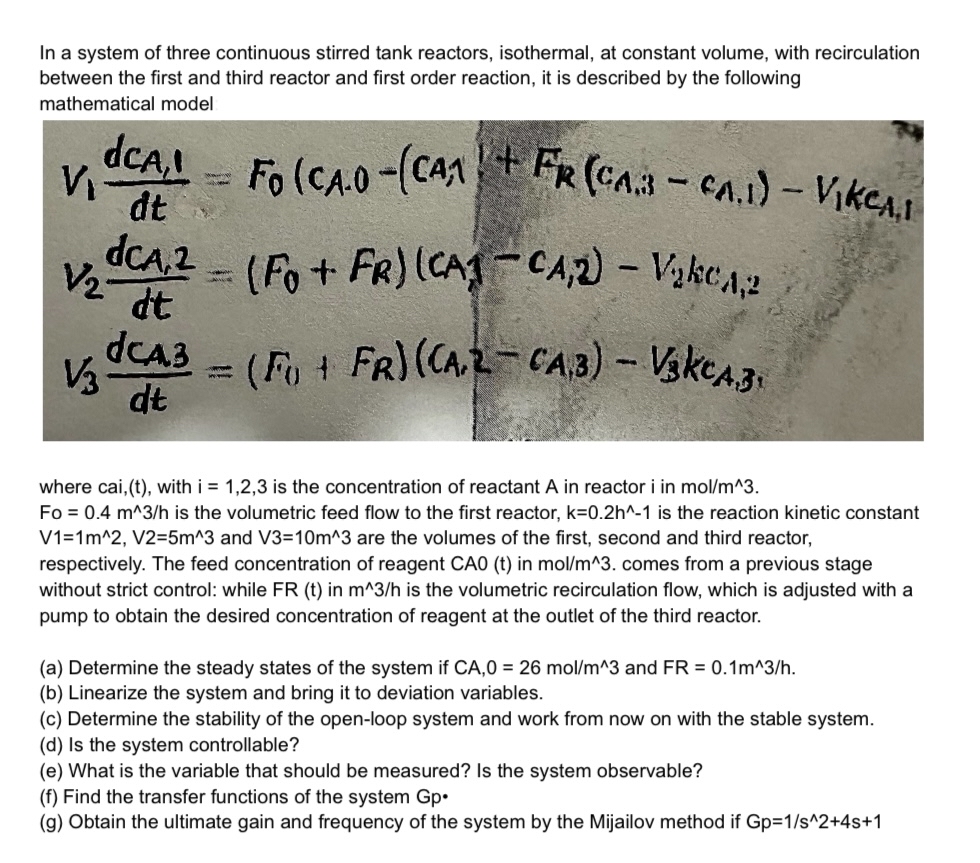 In a system of three continuous stirred tank | Chegg.com
