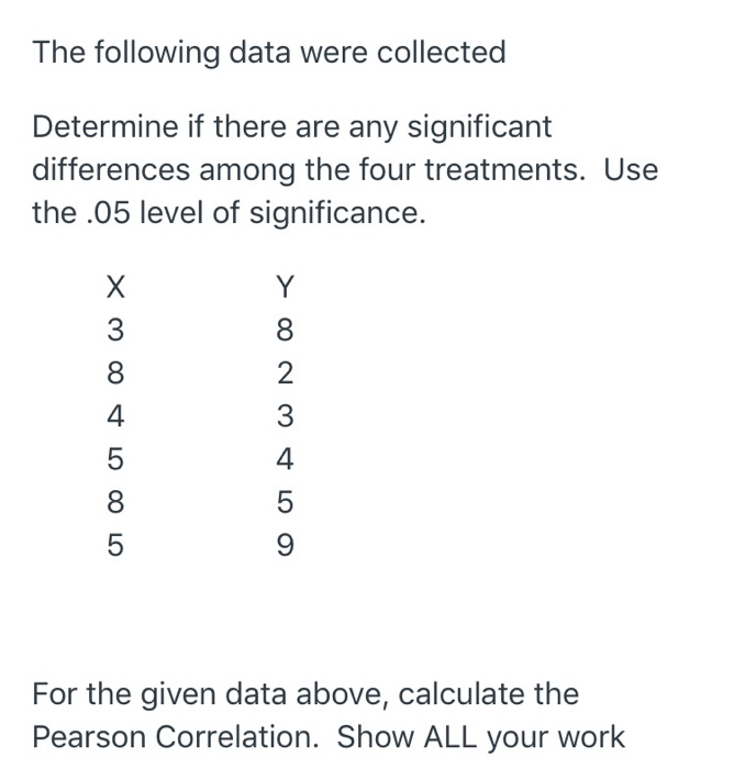 Solved The following data were collected Determine if there | Chegg.com