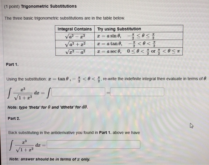 Solved (1 point) Trigonometric Substitutions The three basic | Chegg.com