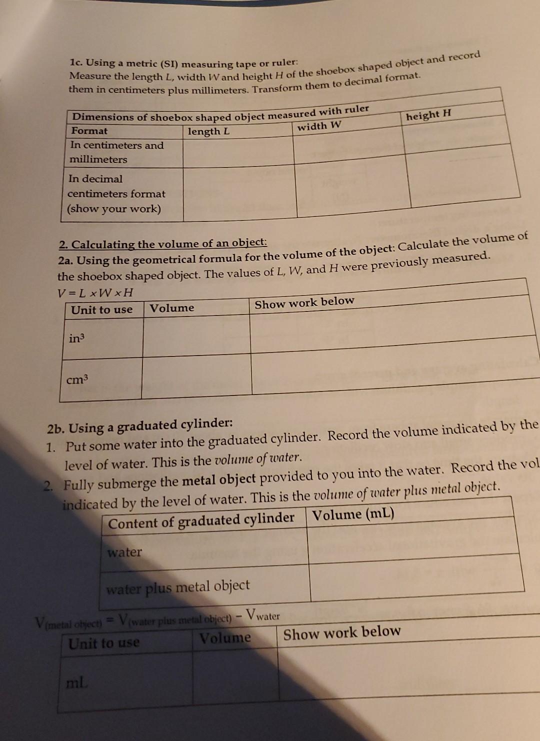 1c. Using a metric (SI) measuring tape or ruler: | Chegg.com