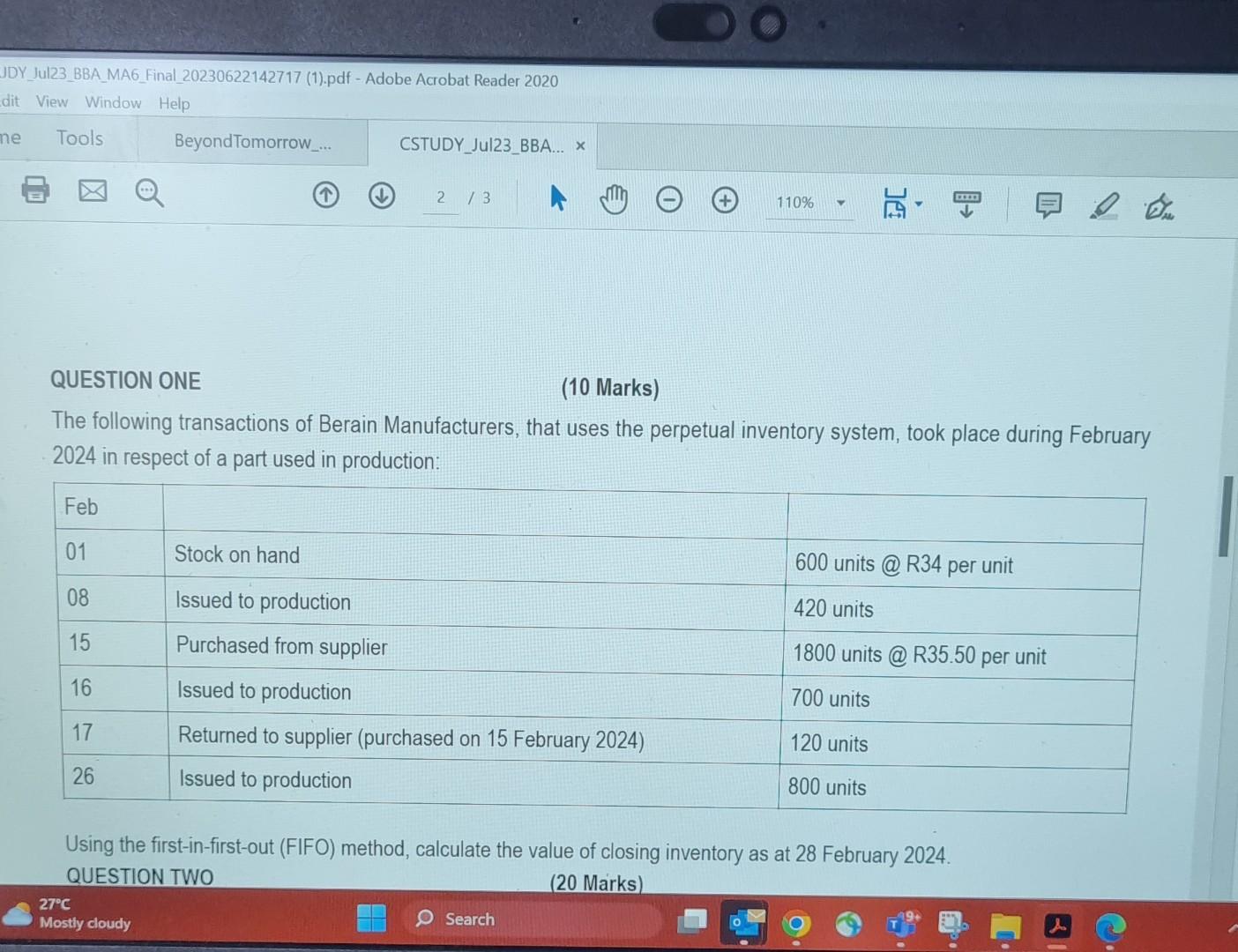 Solved QUESTION ONE (10 Marks) The following transactions of | Chegg.com