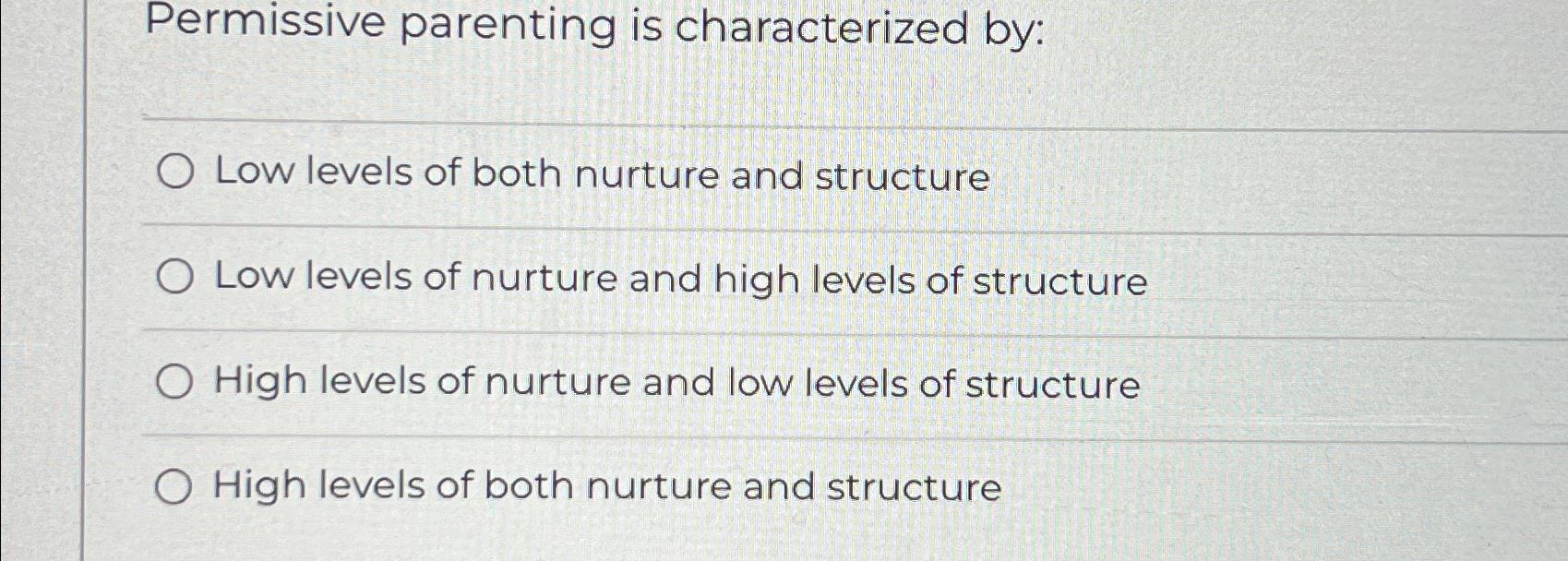 Solved Permissive parenting is characterized by:Low levels | Chegg.com