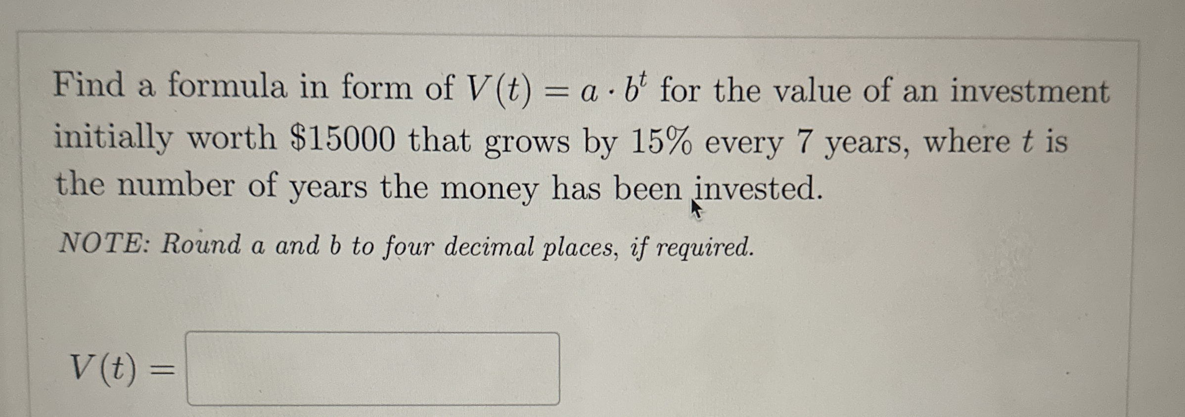 Solved by an EXPERT Find a formula in form of V(t)=a*bt ﻿for the value of | Chegg.com