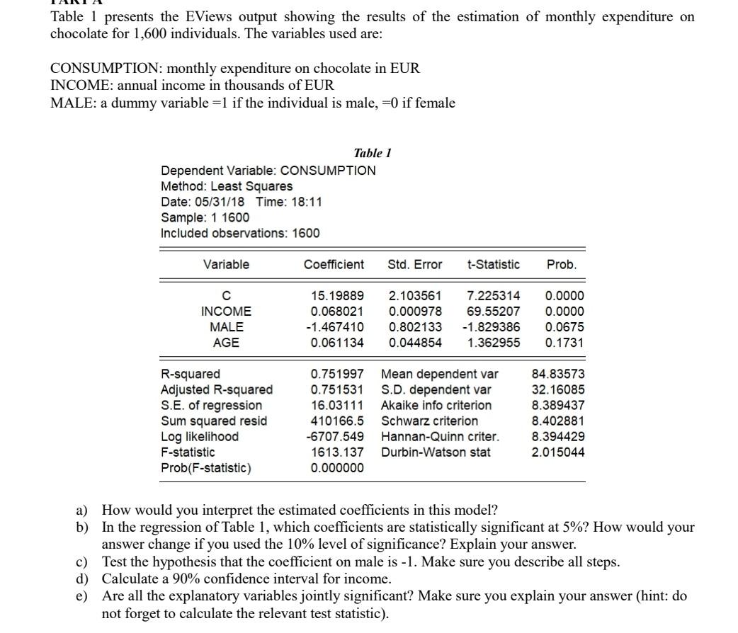 Solved Table 1 presents the EViews output showing the | Chegg.com