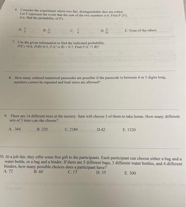 Solved 6. Consider the experiment where two fair, | Chegg.com