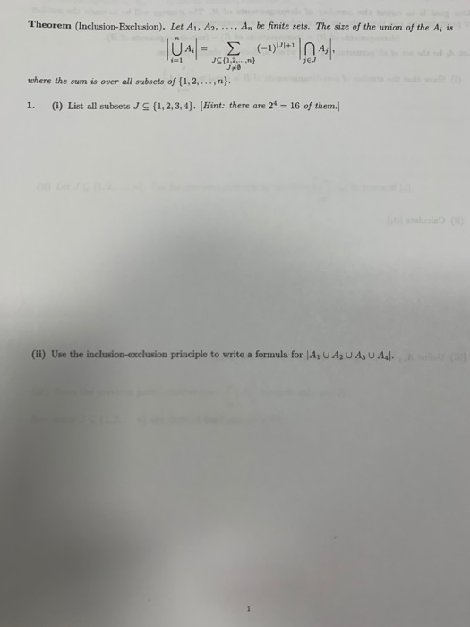Solved Theorem (Inclusion-Exclusion). Let A1, A2, ..., An be | Chegg.com