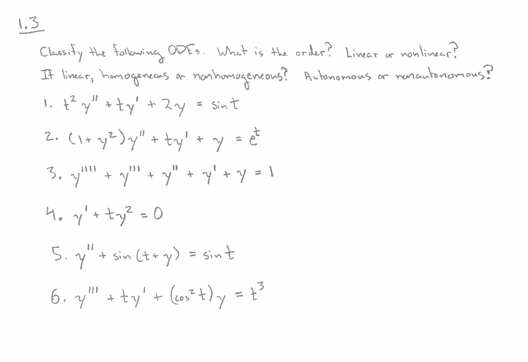 Solved Classity the following ODEs. What is the order? | Chegg.com