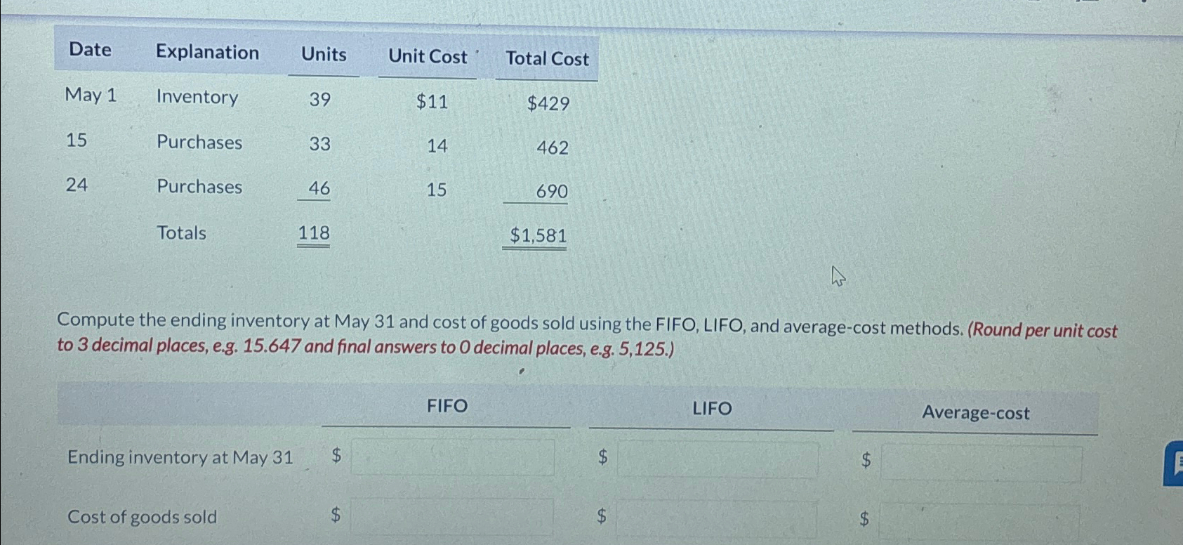 Solved \table[[Date,Explanation,Units,,Unit Cost,,Total | Chegg.com