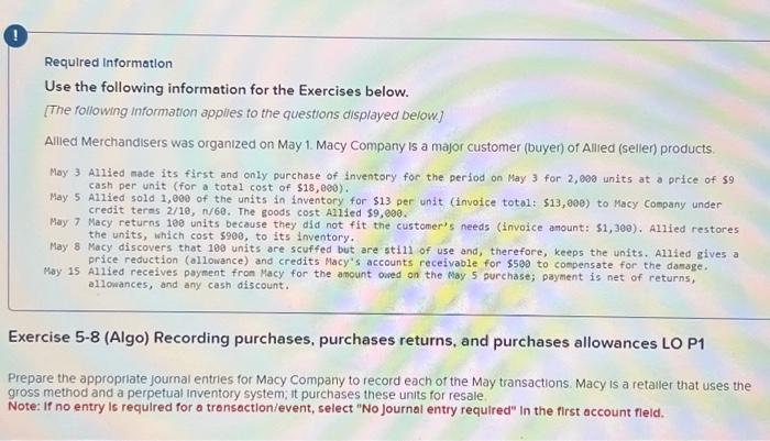 Solved Exercise 5-8 (Algo) Recording purchases, purchases | Chegg.com