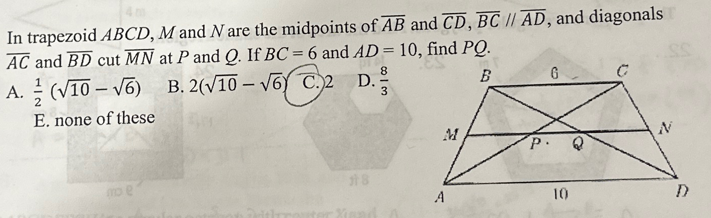 Solved In trapezoid ABCD,M ﻿and N ﻿are the midpoints of | Chegg.com