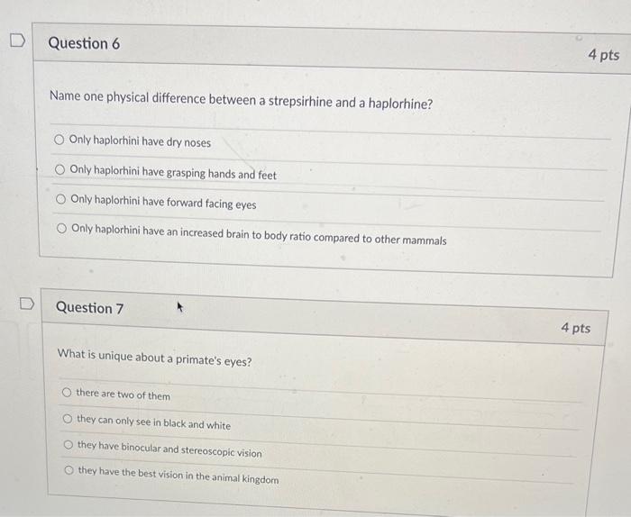 Name one physical difference between a strepsirhine | Chegg.com