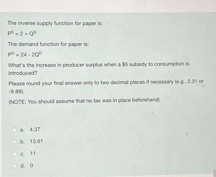 Solved The inverse supply function for paper is: PS = 2 + QS | Chegg.com