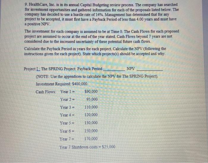 Solved Project II: The FALL Project Payback Period NPV | Chegg.com