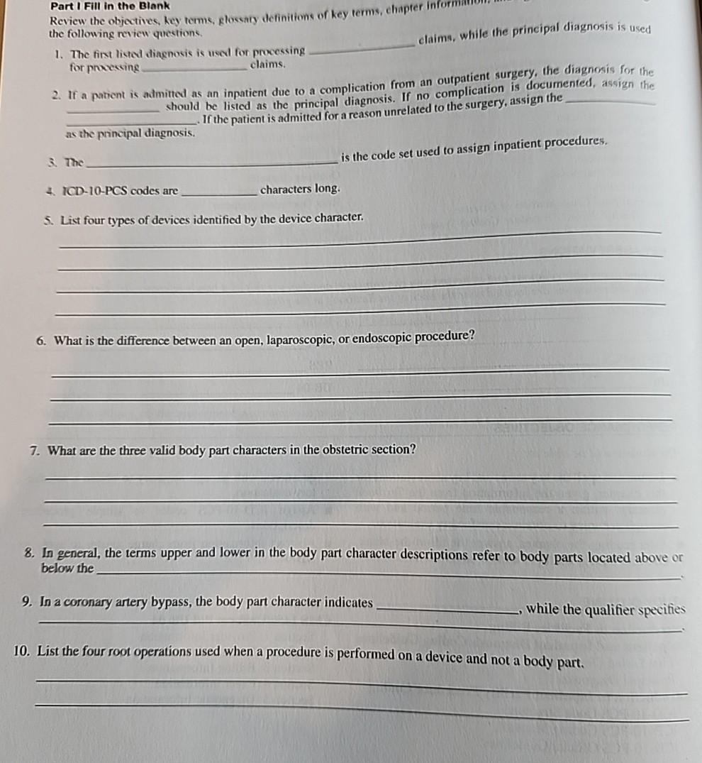 Solved Part I Fill in the BlankReview the objectives, key | Chegg.com