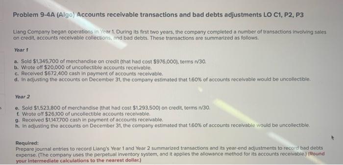 Solved Problem 9-4A (Algo) Accounts receivable transactions | Chegg.com