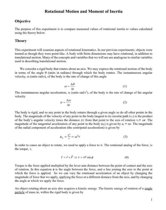 Solved Rotational Motion and Moment of Inertia Objective The | Chegg.com