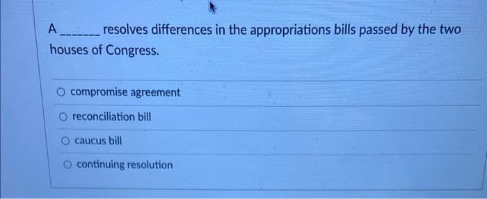 A resolves differences in the appropriations bills | Chegg.com