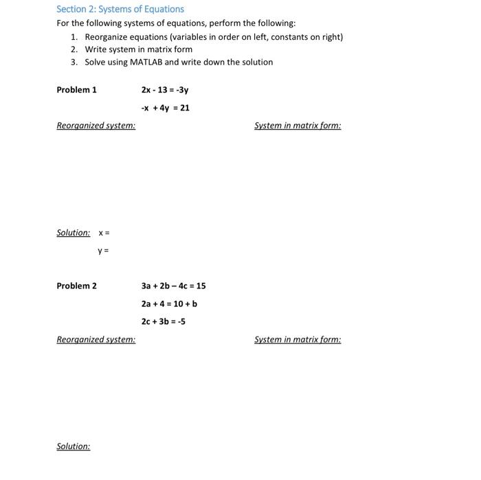 Solved Section 2 Systems Of Equations For The Following