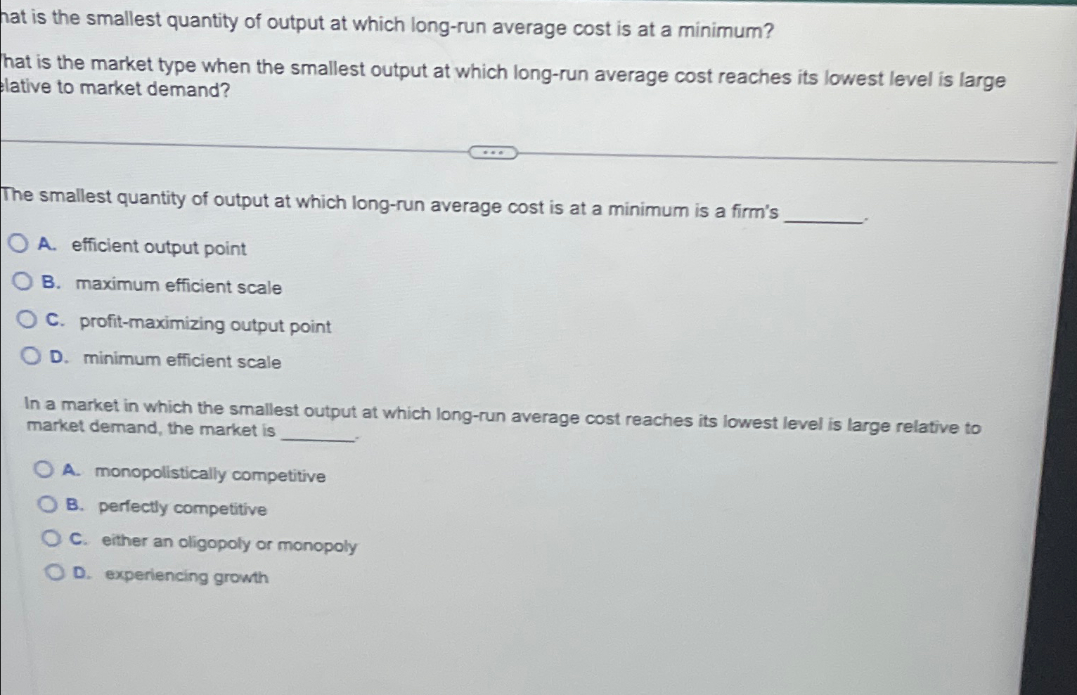 Solved hat is the smallest quantity of output at which | Chegg.com