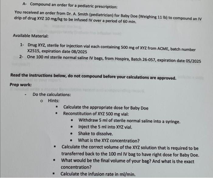 Solved A- Compound an order for a pediatric prescription: | Chegg.com