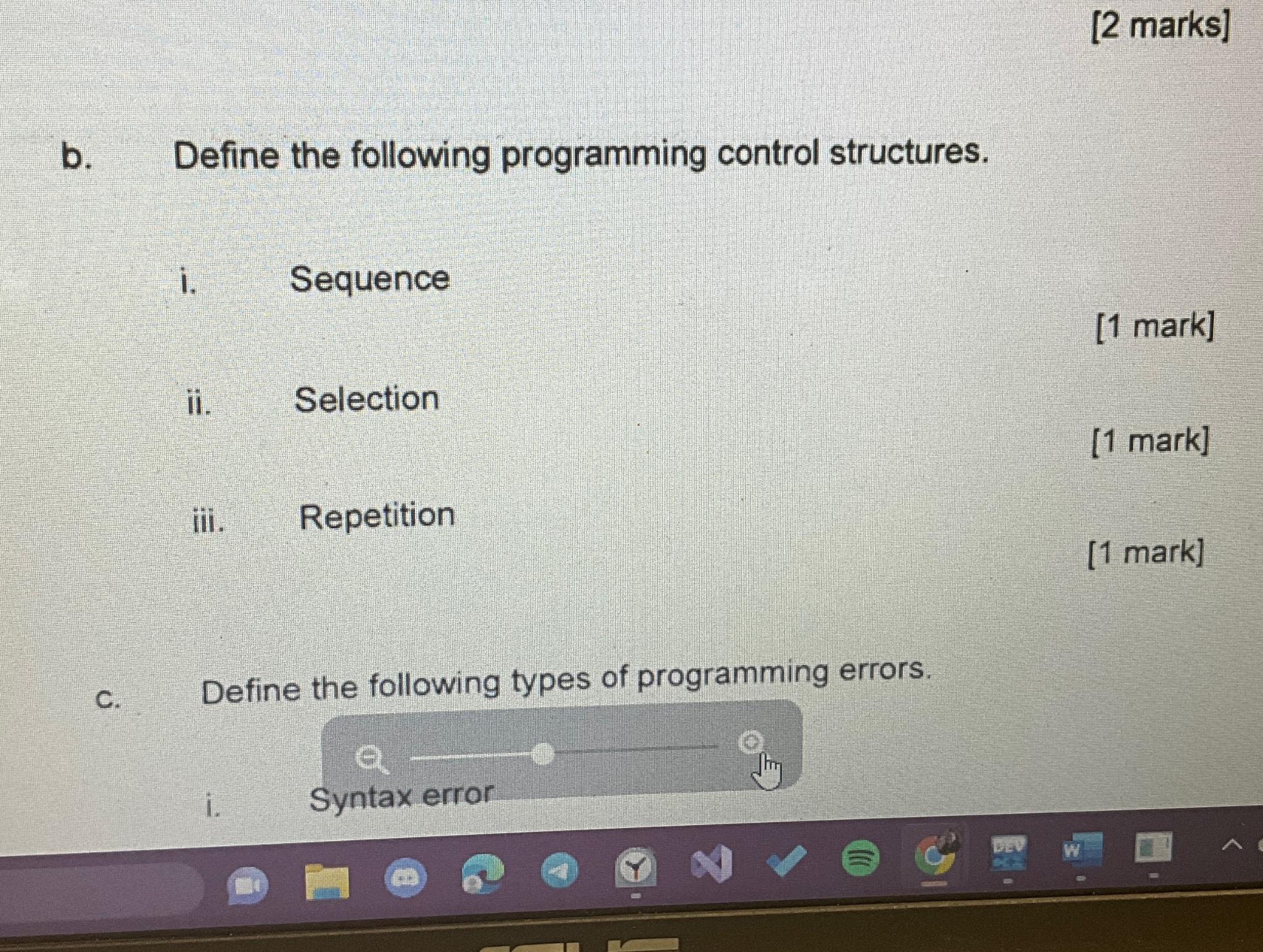 Solved [2 ﻿marks]b. ﻿Define the following programming | Chegg.com