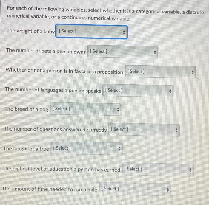 Solved For each of the following variables, select whether | Chegg.com