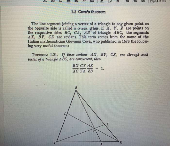 Solved + 3 Page 4 of 195 1.2 Ceva's theorem The line segment | Chegg.com