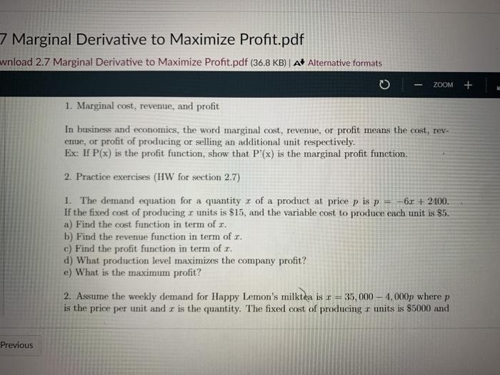 Solved 7 Marginal Derivative to Maximize Profit.pdf wnload | Chegg.com