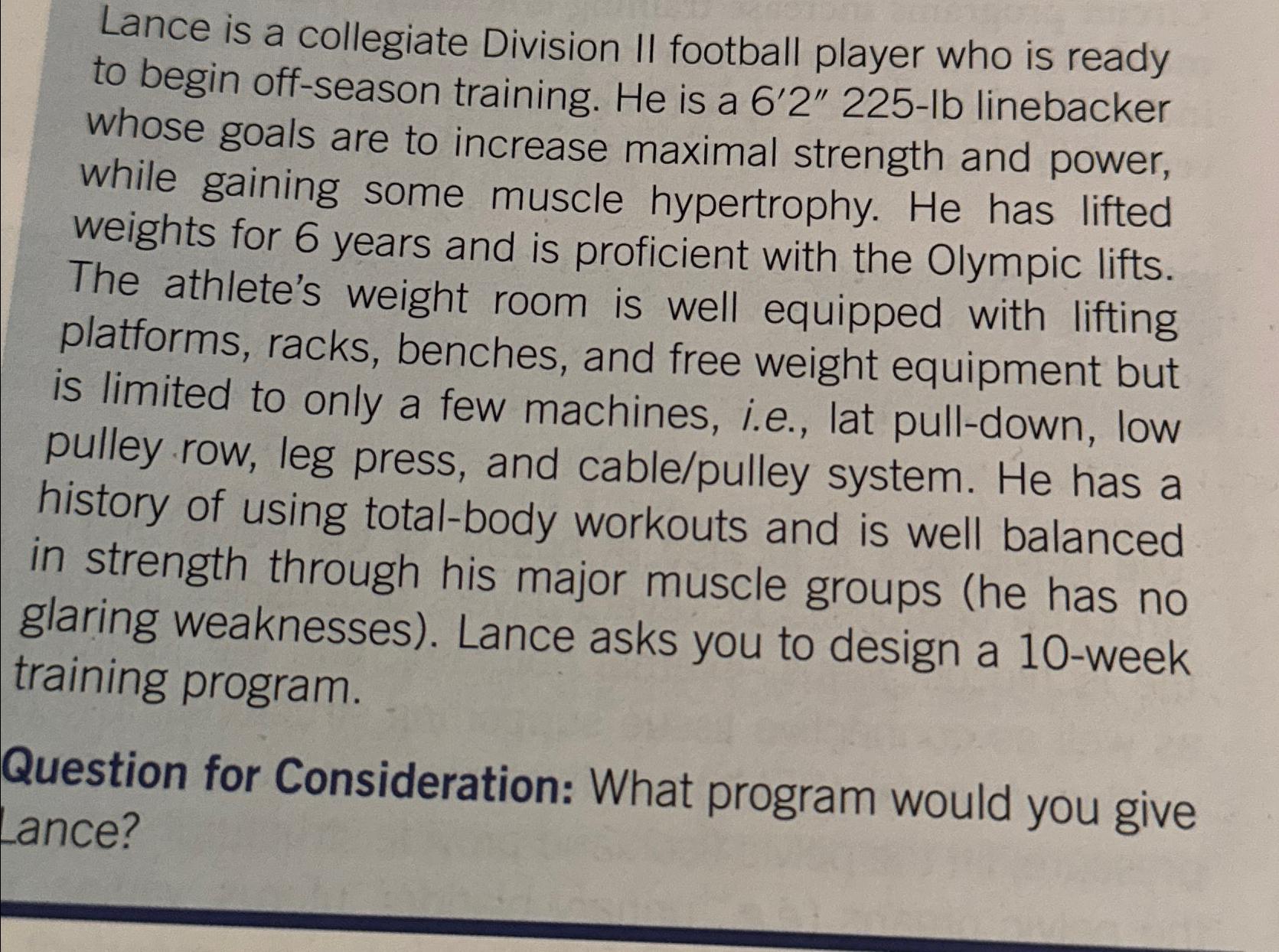 Solved Lance is a collegiate Division II football player who | Chegg.com