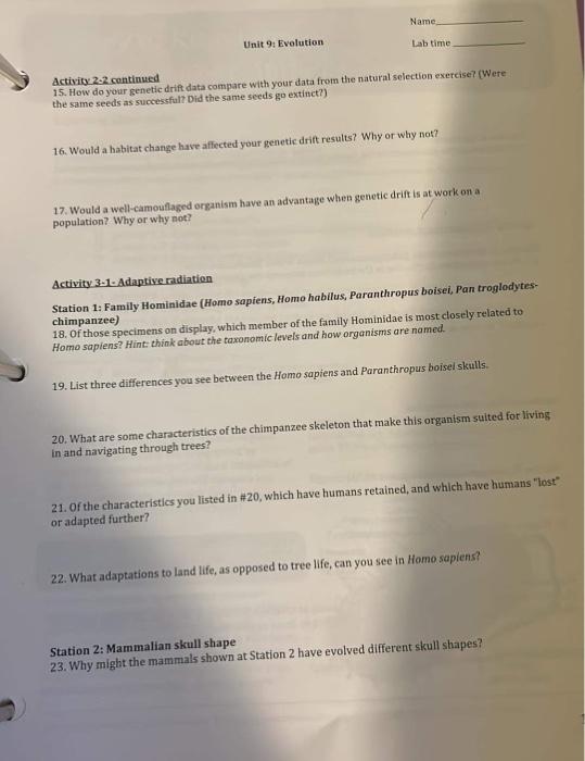 Solved Name Unit 9: Evolution Lab time Activity 2−2 | Chegg.com