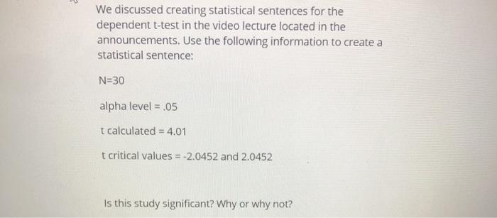 Solved We discussed creating statistical sentences for the | Chegg.com