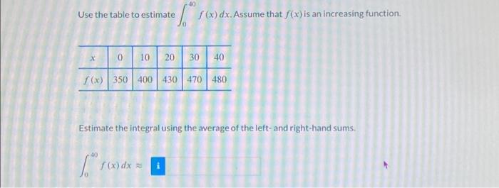 Solved Use the table to estimate f (x) dx. Assume that f(x) | Chegg.com